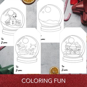 Printable Christmas Snow Globe Coloring Gift Tags, Set of 8, Editable ...