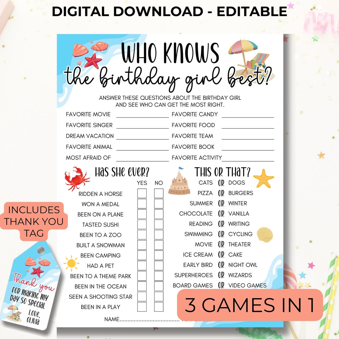 Who Knows the Birthday Girl Best, Editable Printable Birthday Game, Beach Theme, Teens Tweens ...