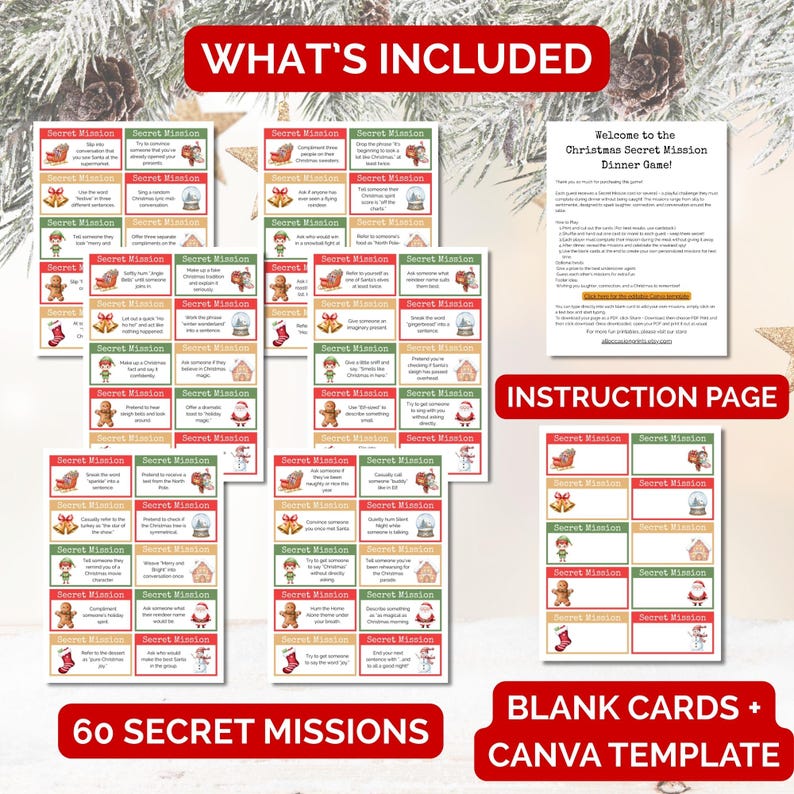 Christmas Secret Mission Dinner Game, 60 Printable Cards + Blank ...