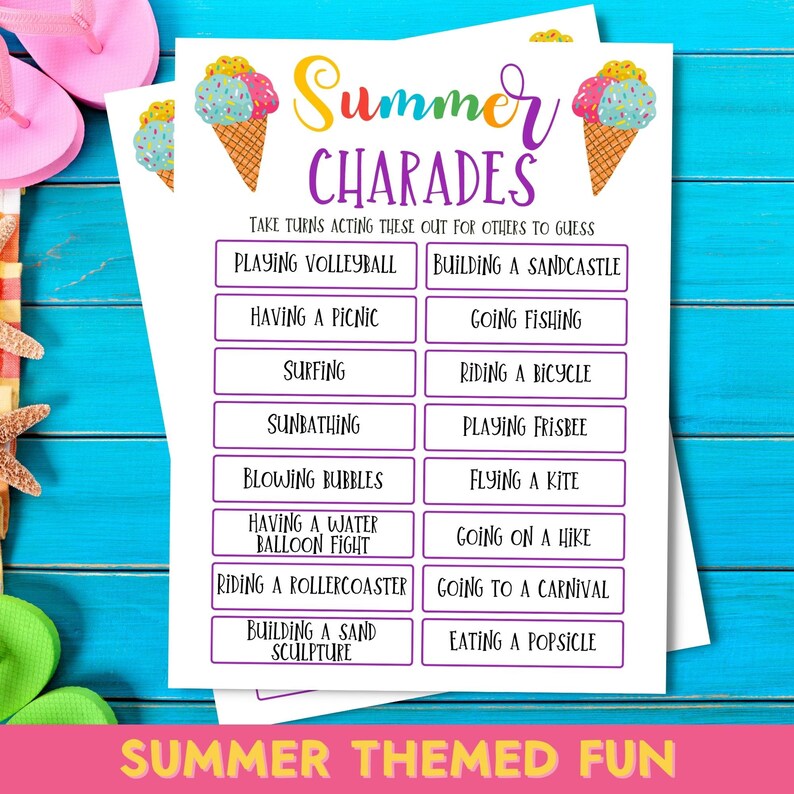 Summer Charades Game Printable Activities Pool Party Family - Etsy