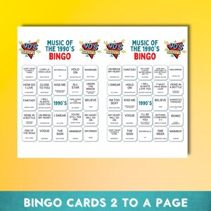 Printable Music of the 1990's Bingo Game, 100 Cards, Instant Download ...