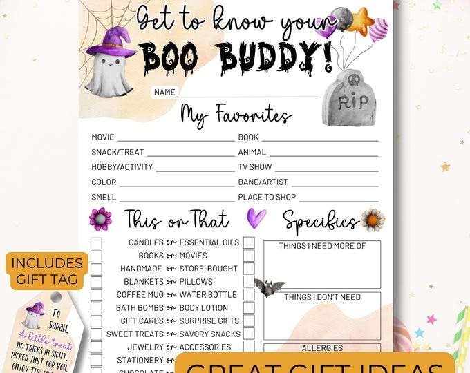 Printable PDF - Boo Buddies Questionnaire for Halloween Theme Gift ...