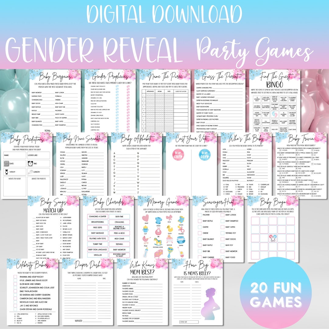 Gender Reveal Games Bundle, Blue Pink Gender Reveal, Party Games, Editable, Gender Reveal Games ...