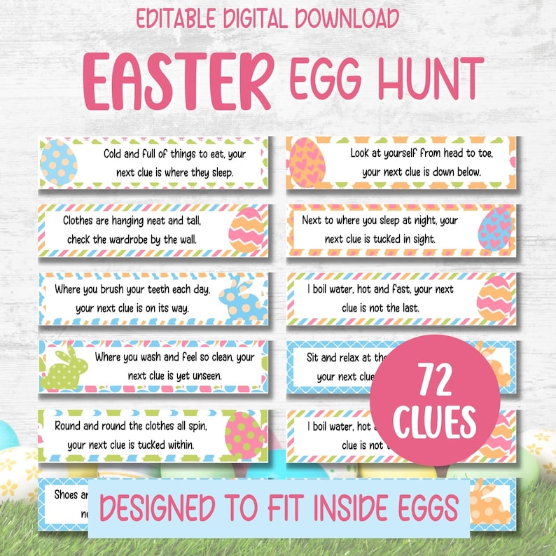 Printable Easter Egg Hunt Clues, 72 Rhyming Indoor Outdoor Game ...