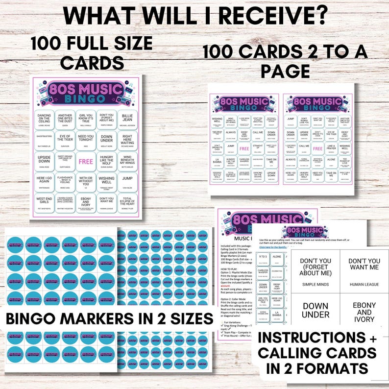 80s Music Bingo, 100 Printable Bingo Cards, Fun Party Game, Digital ...