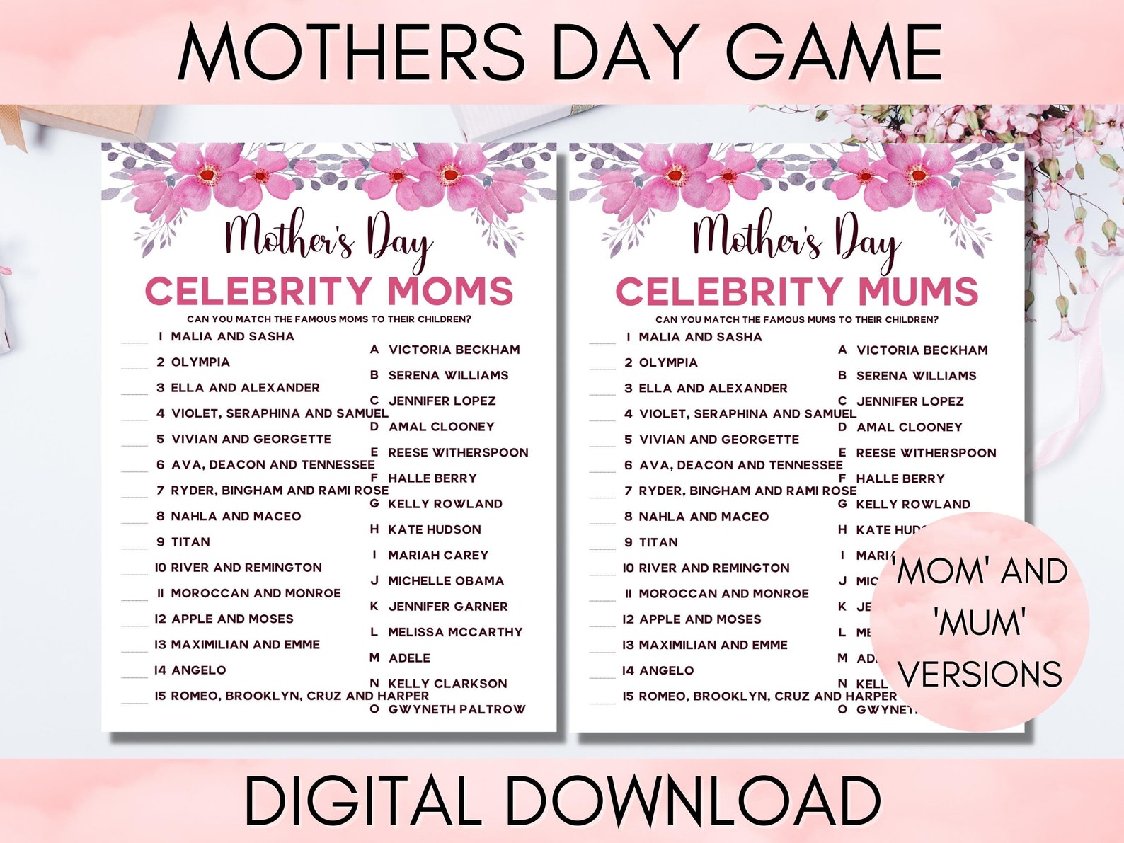 Printable Mother's Day Celebrity Moms Game, Famous Parents, Family Game ...