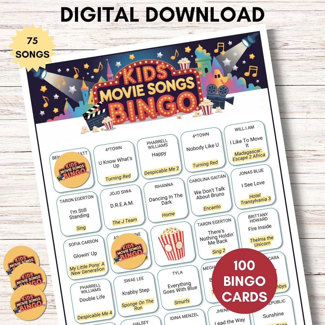 Kids Movie Music Bingo – Animated Songs Game, 100 Unique Cards ...