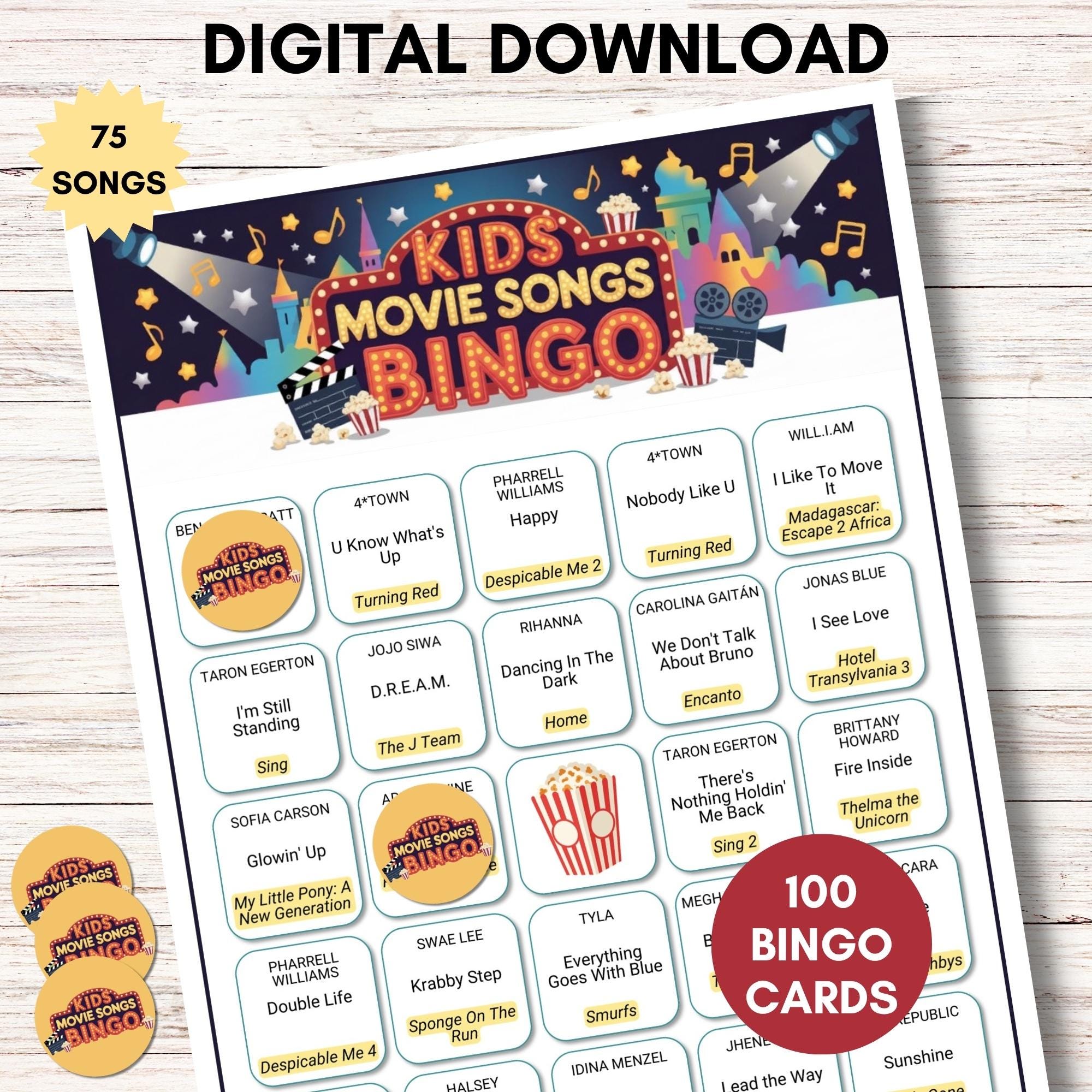 Kids Movie Music Bingo – Animated Songs Game, 100 Unique Cards ...