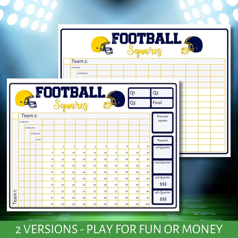 Football Squares Game – 100 Squares, All 4 Quarters, Editable Printable ...