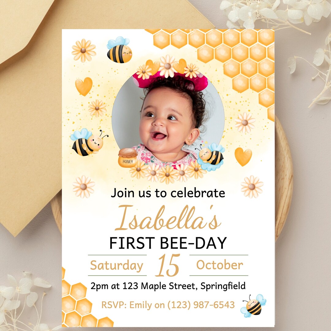 First Birthday Bee Invitation, 1st Bee-day Invite With Photo, Instant ...