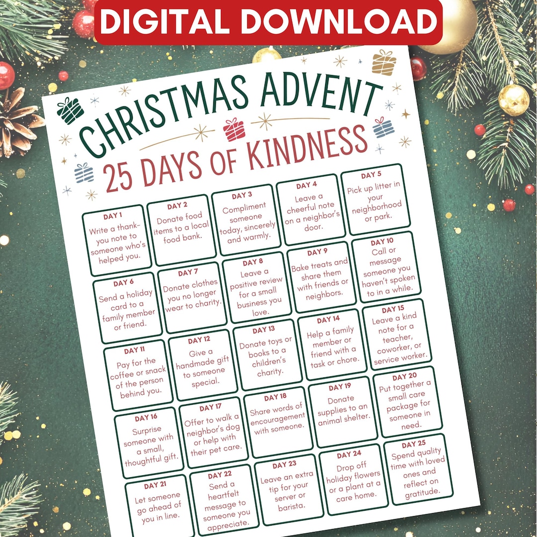 25 Days of Kindness Calendar, Printable Christmas Advent Calendar ...