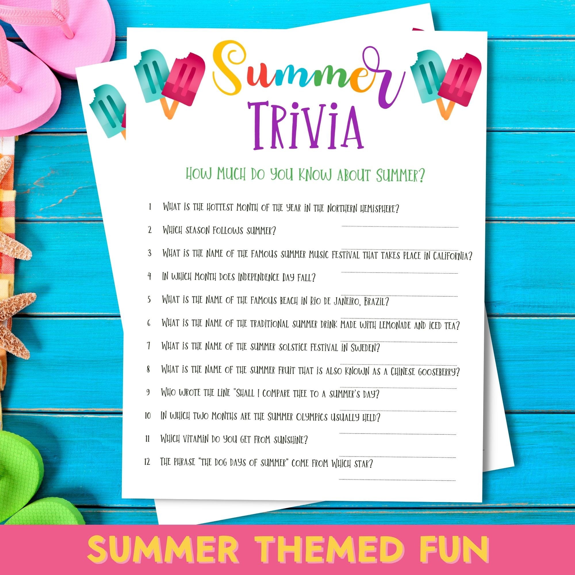 Summer Trivia Quiz Game, Printable Activity, Pool Party, Family Fun ...