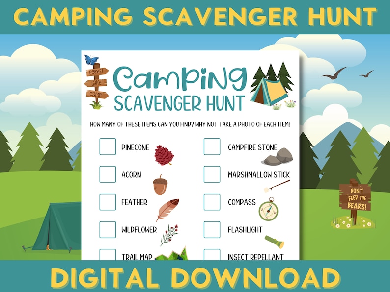 Camping Scavenger Hunt, Printable Camping Trip Game, Summer Camp ...