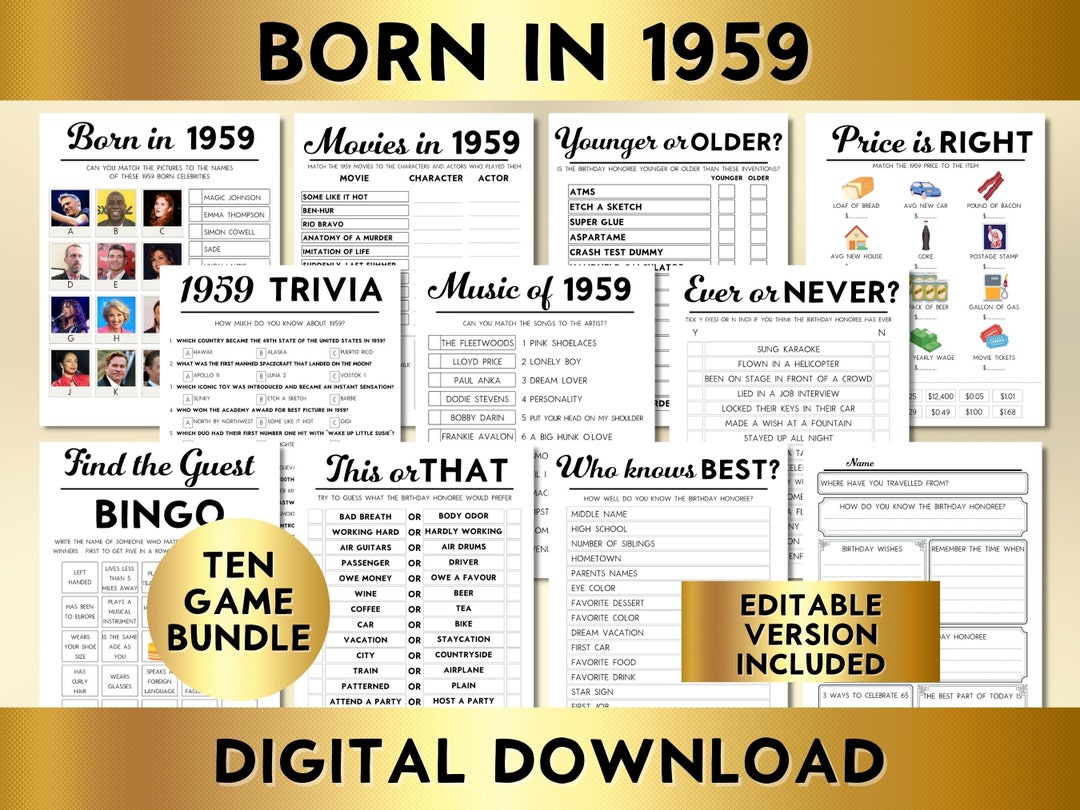 67th Birthday Party Games, Born in 1959 Trivia, Music Quiz (printable ...