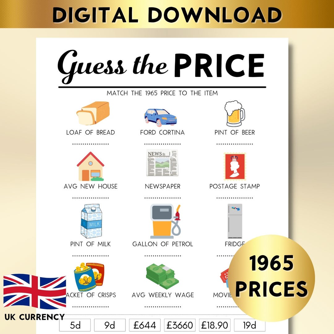 60th Birthday UK Price Match Game, Born in 1965 Printable, British ...
