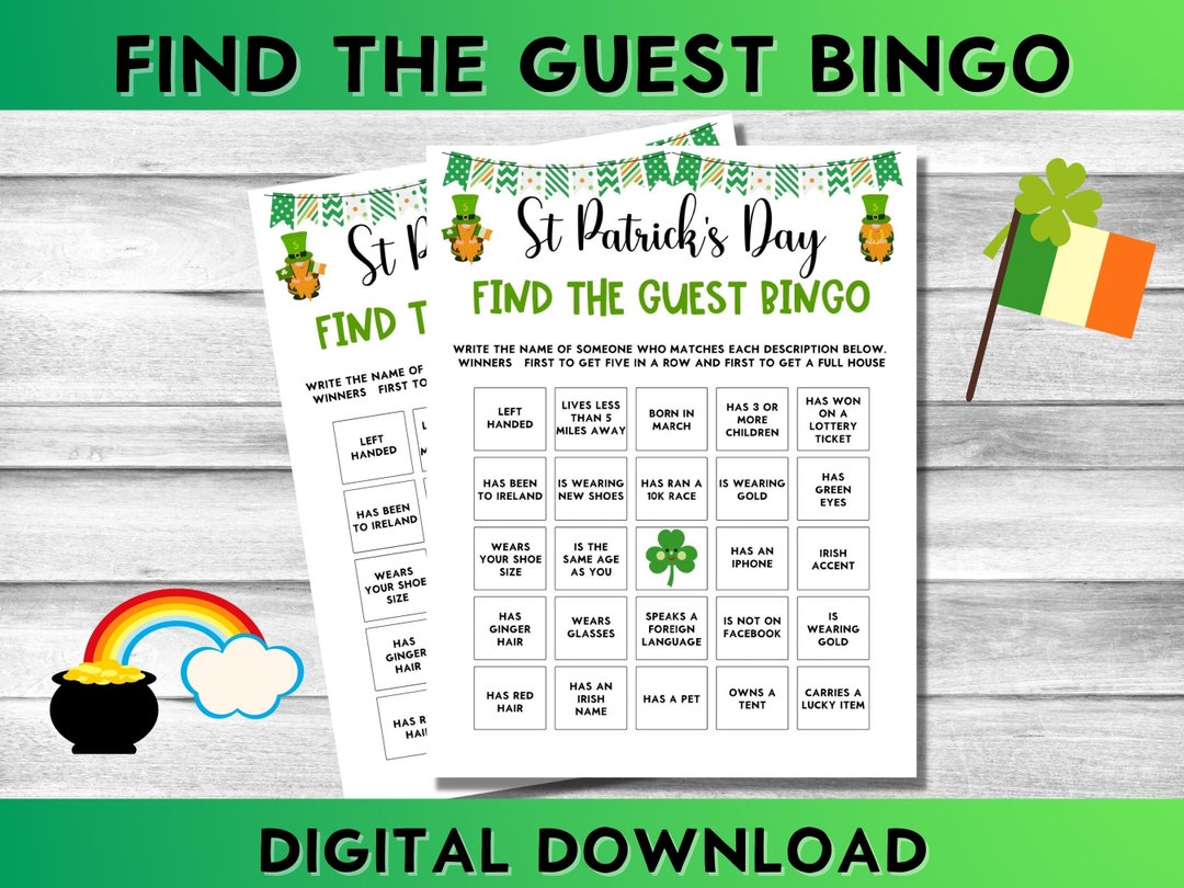 Printable St Patrick's Day Find the Guest Bingo, St Paddy's Day Party ...