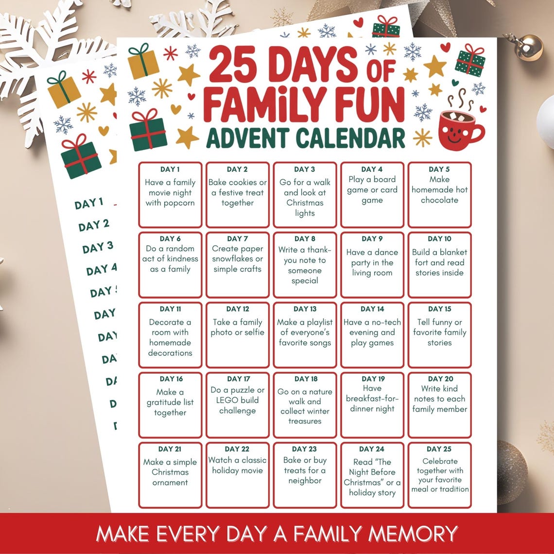 Christmas Advent Calendar – 25 Days of Family Fun – Editable Printable ...