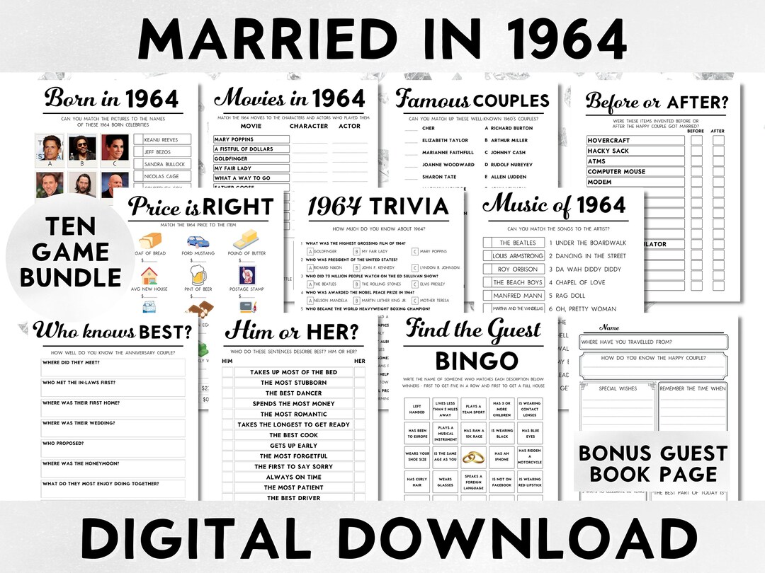 61st Anniversary Party Games, Married in 1964, Fun Printable Games for ...