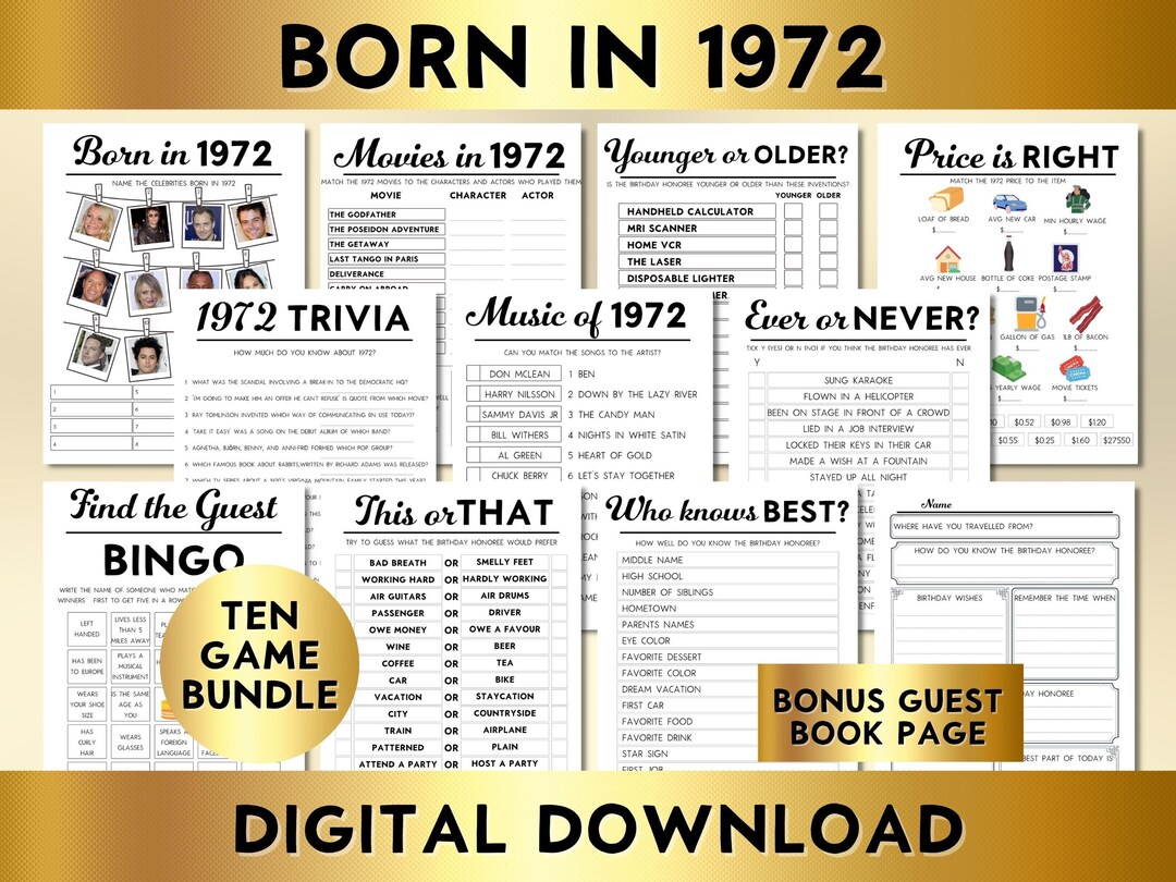 53rd Birthday Party Games, Born in 1972, Printable 10 Game Bundle ...