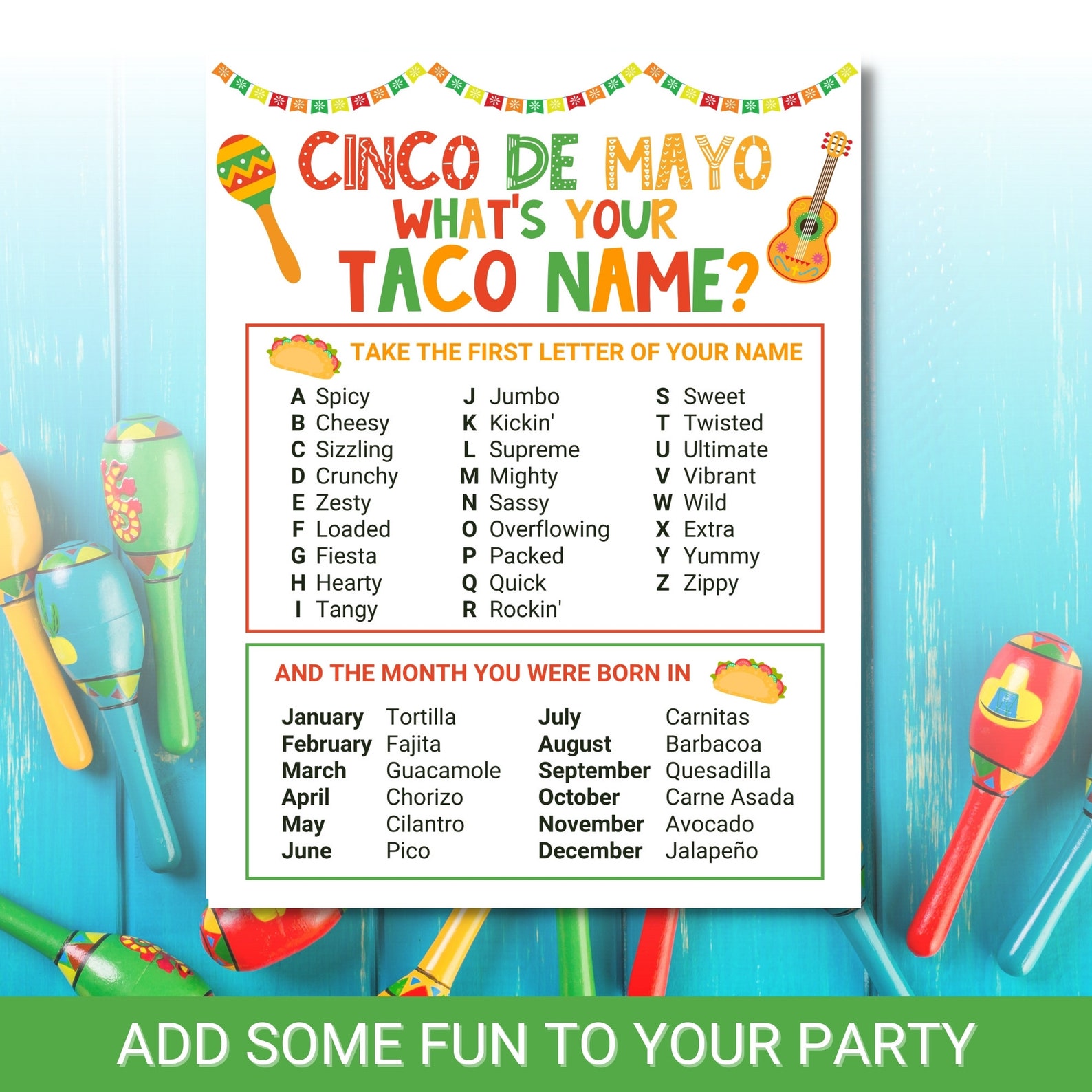 Taco Name Game, Cinco De Mayo Fiesta, Family Party (PDF Download) - Etsy