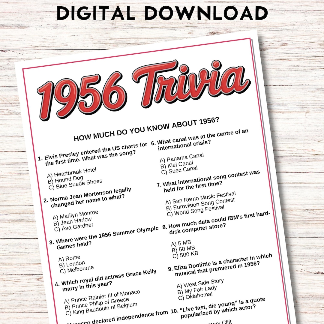 1956 Trivia Game, 70th Birthday Party Activities, Printable Fun Facts ...