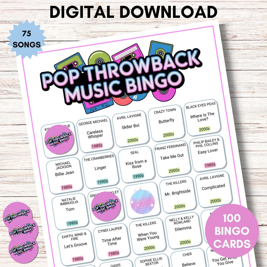 Pop Throwback Music Bingo, Printable 80s 90s 2000s Music Game, 75 Song ...