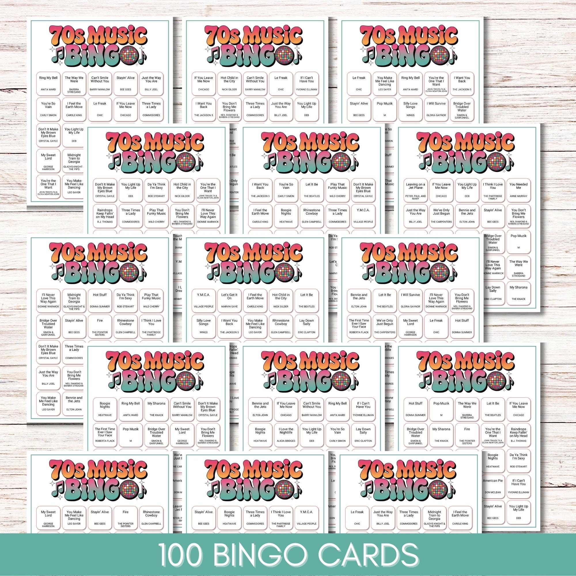 70s Music Bingo Game – 100 Printable Cards – Fun Party Activity With ...