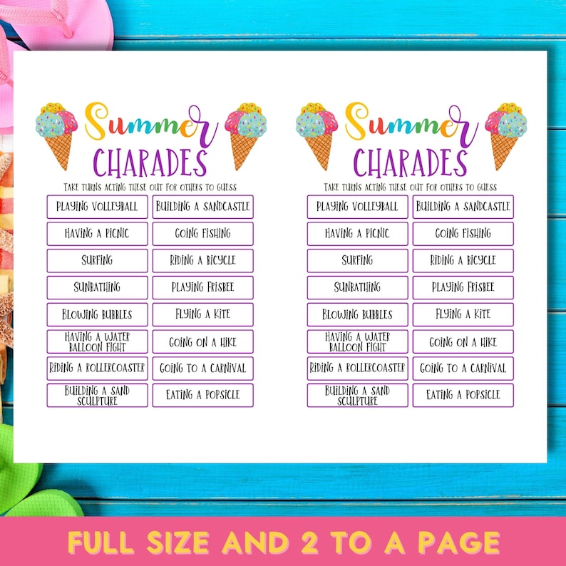 Summer Charades Game Printable Activities Pool Party Family - Etsy