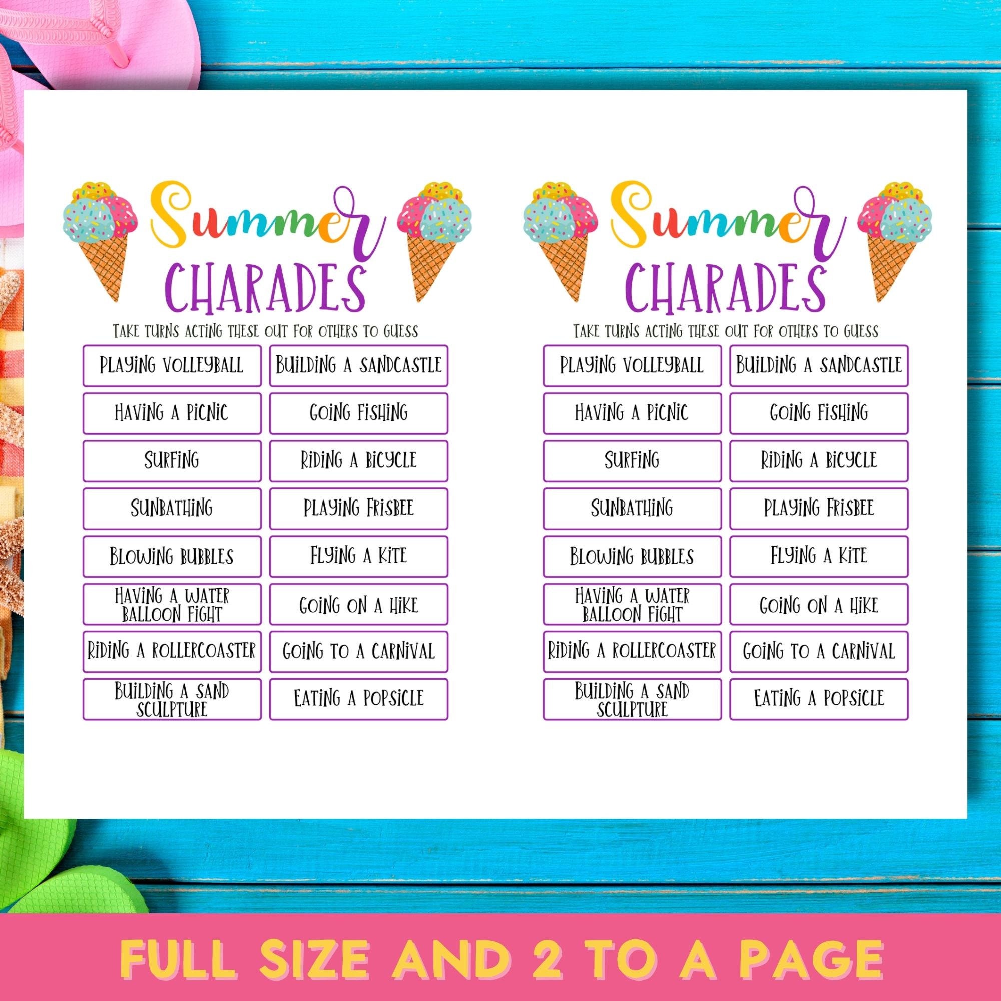 Summer Charades Game Printable Activities Pool Party Family - Etsy