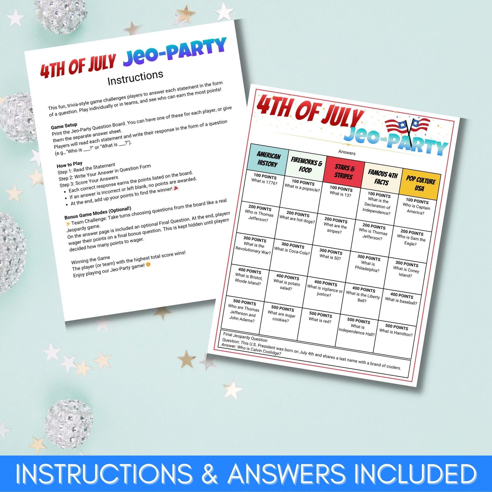 4th of July Trivia Game – Printable Jeo-party Quiz, Editable Canva ...