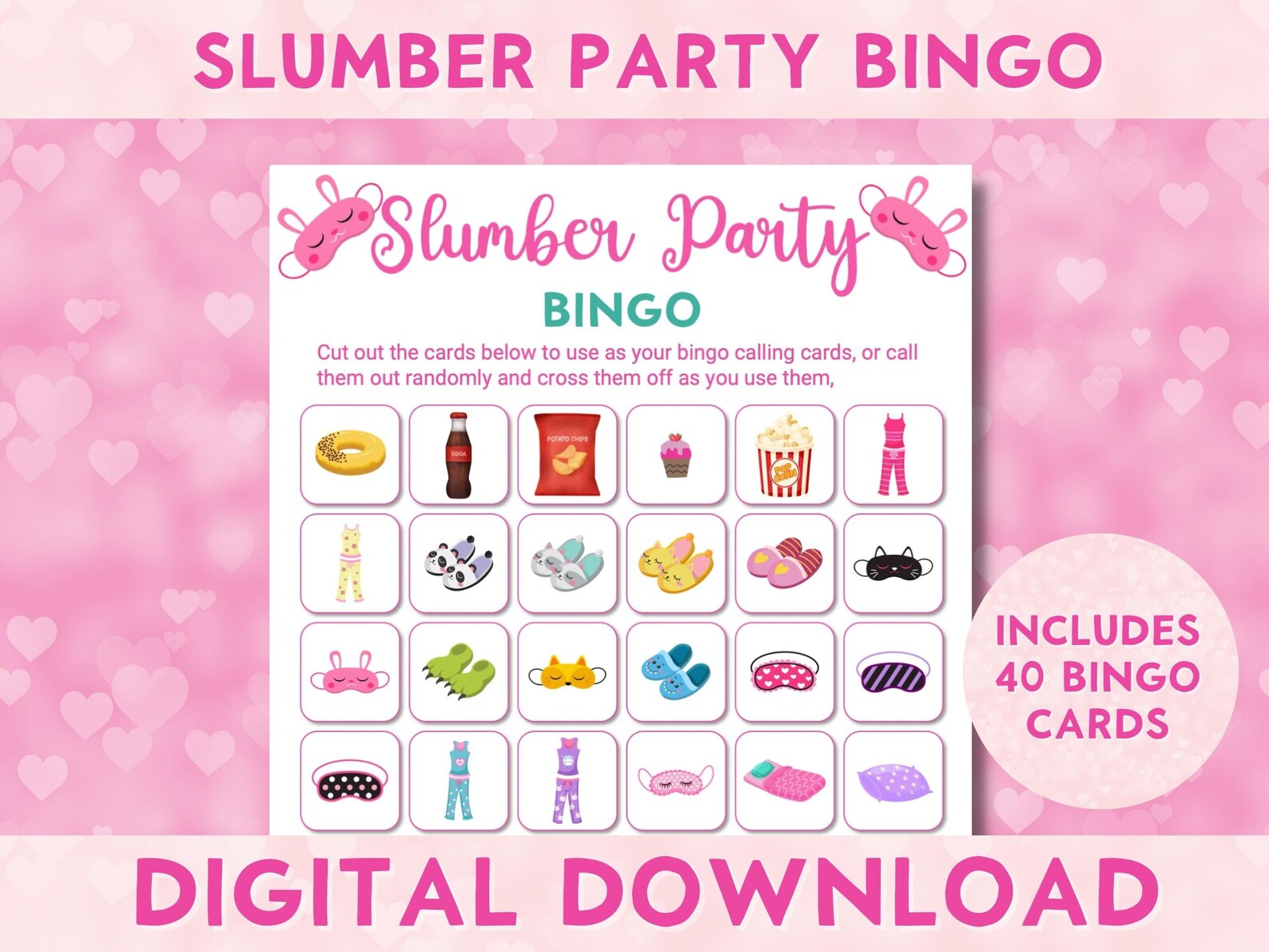 Printable Slumber Party Bingo Game, Sleepover, Pajama Party, Girls ...