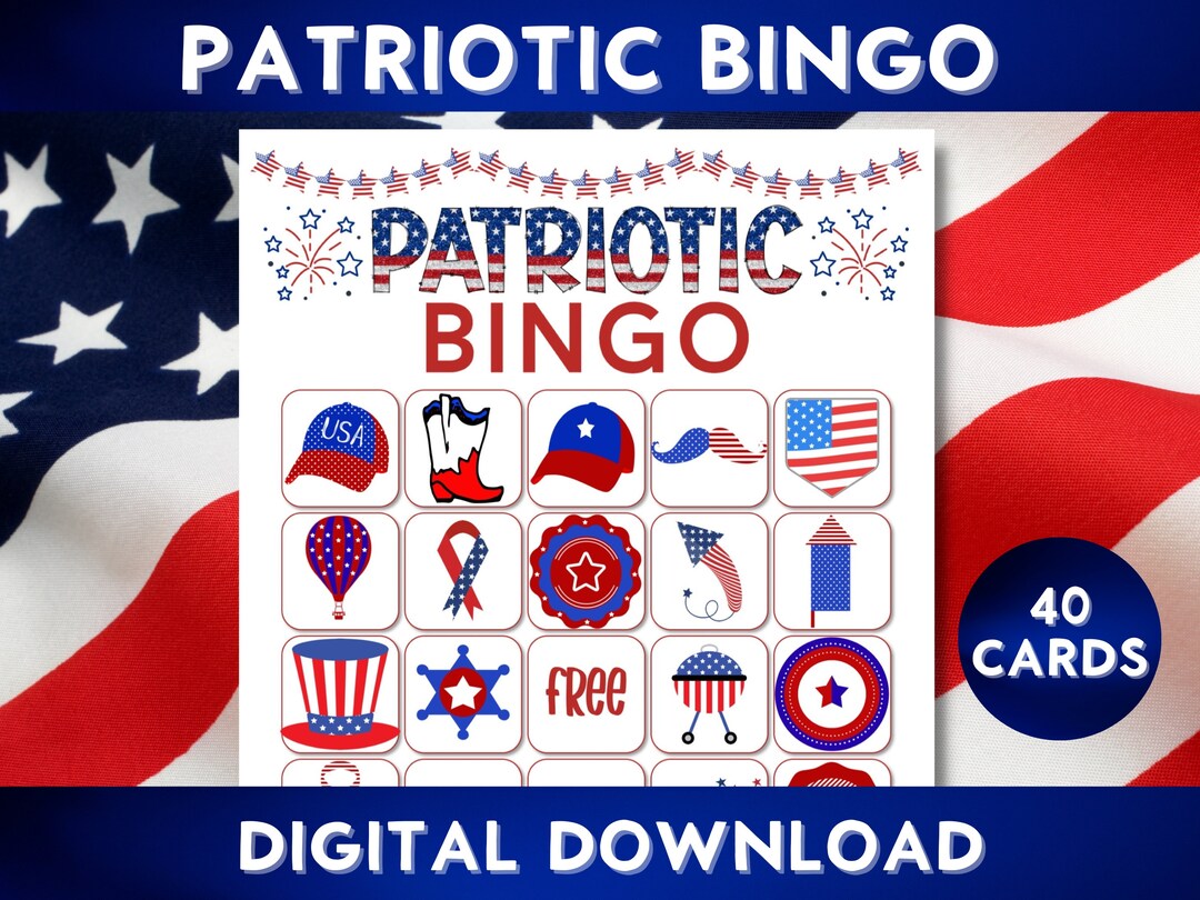 Patriotic Printable Bingo Game, 40 Unique Bingo Cards, Memorial Day ...