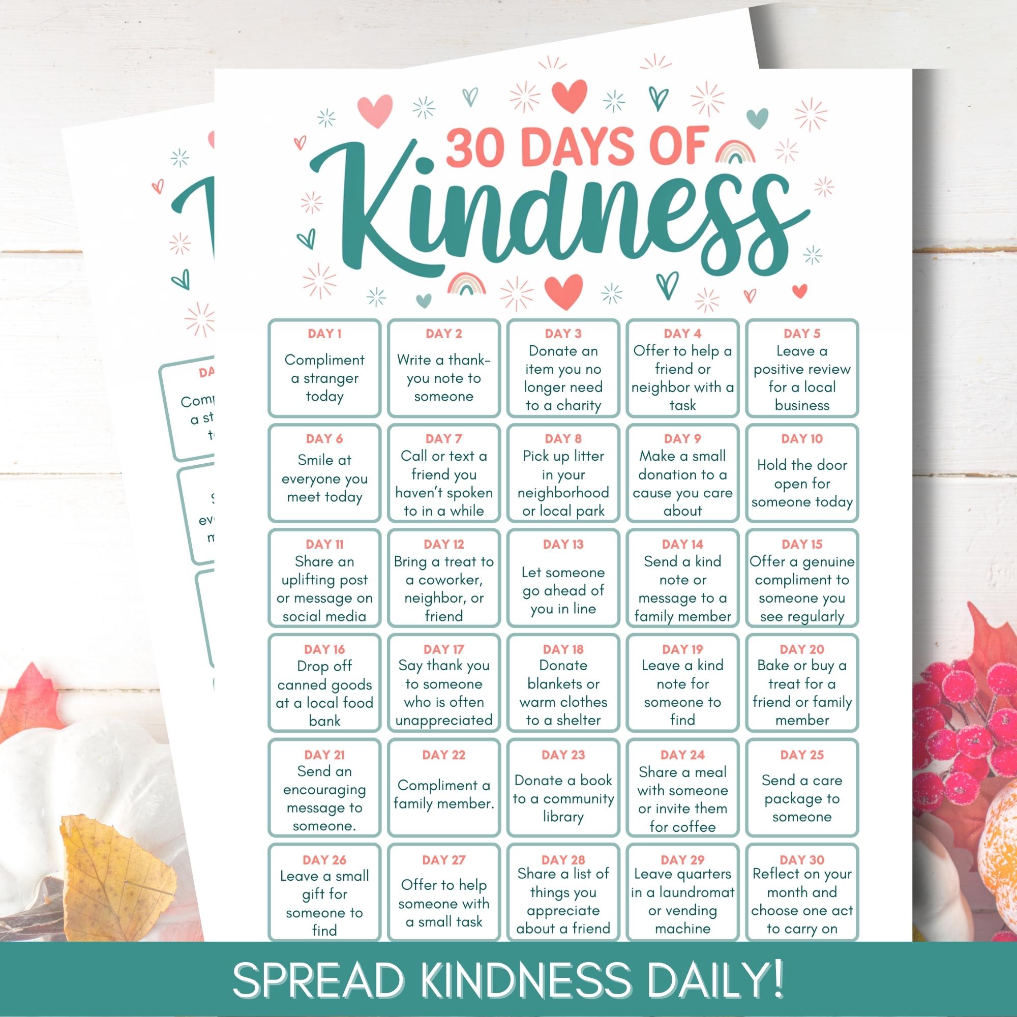 30 Days of Kindness Calendar, Thanksgiving Countdown, Acts of Kindness ...