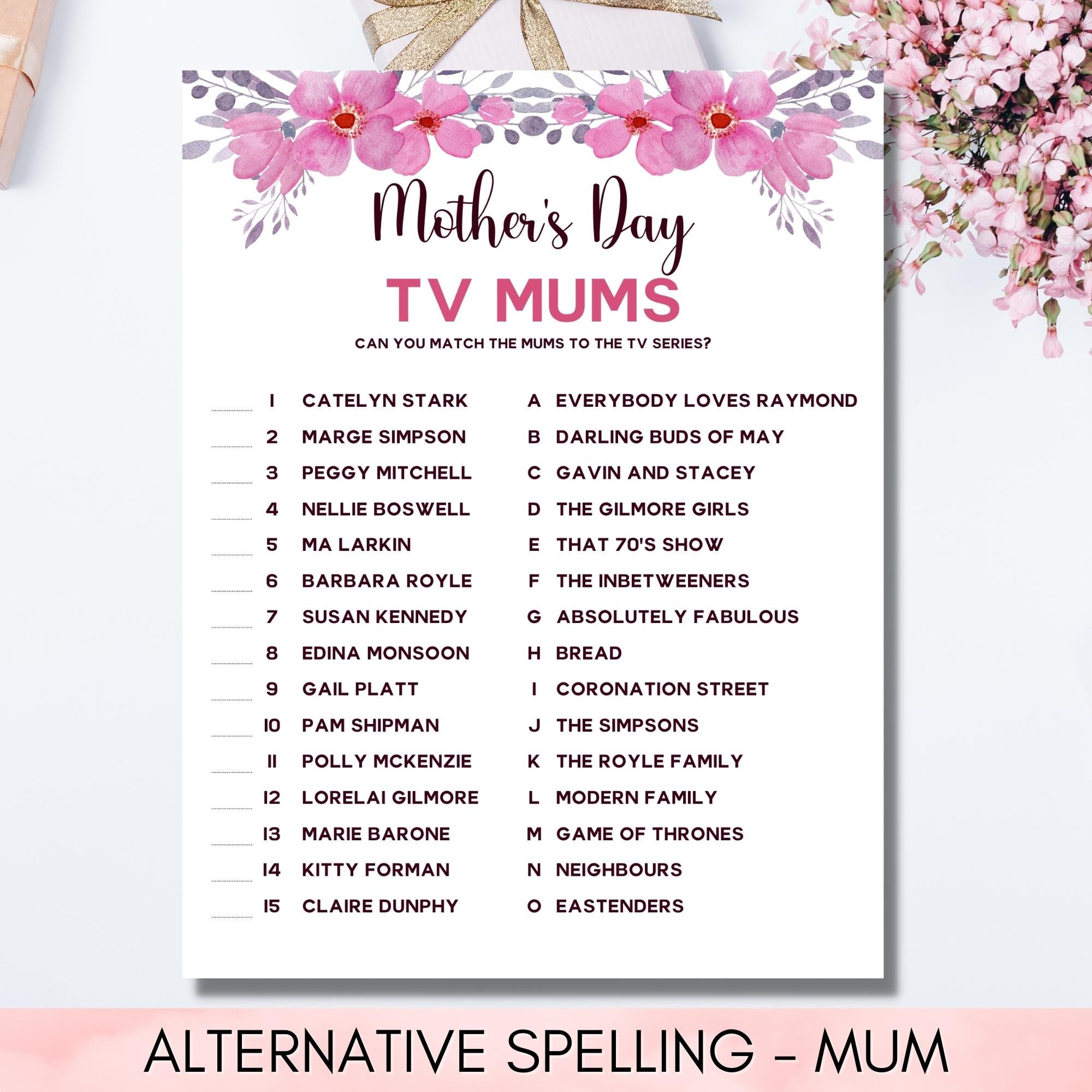 Printable Mother's Day TV Moms Game, Music About Moms, TV Mums, Family ...