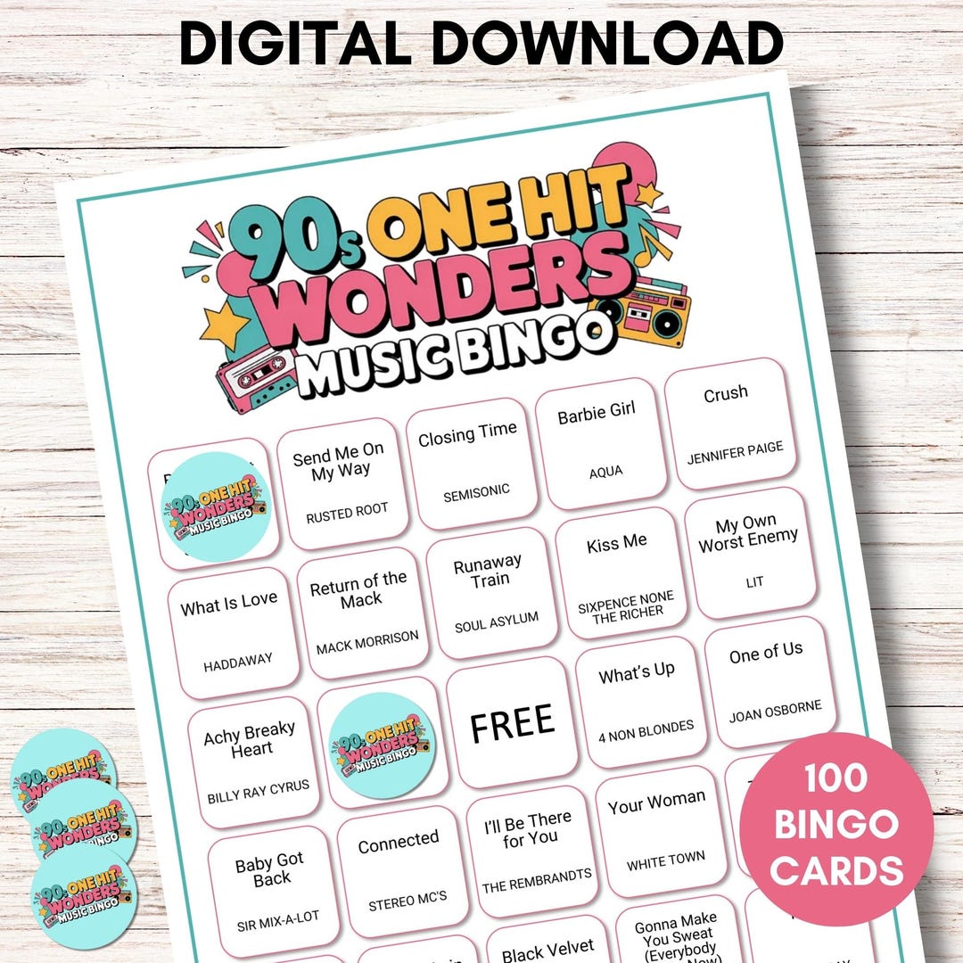 90s One Hit Wonders Music Bingo – 100 Printable Cards (digital Download ...