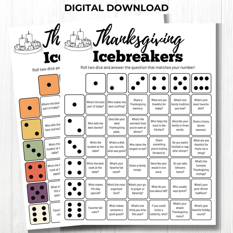 Thanksgiving Icebreaker Game, Printable Dice Conversation Starter for ...
