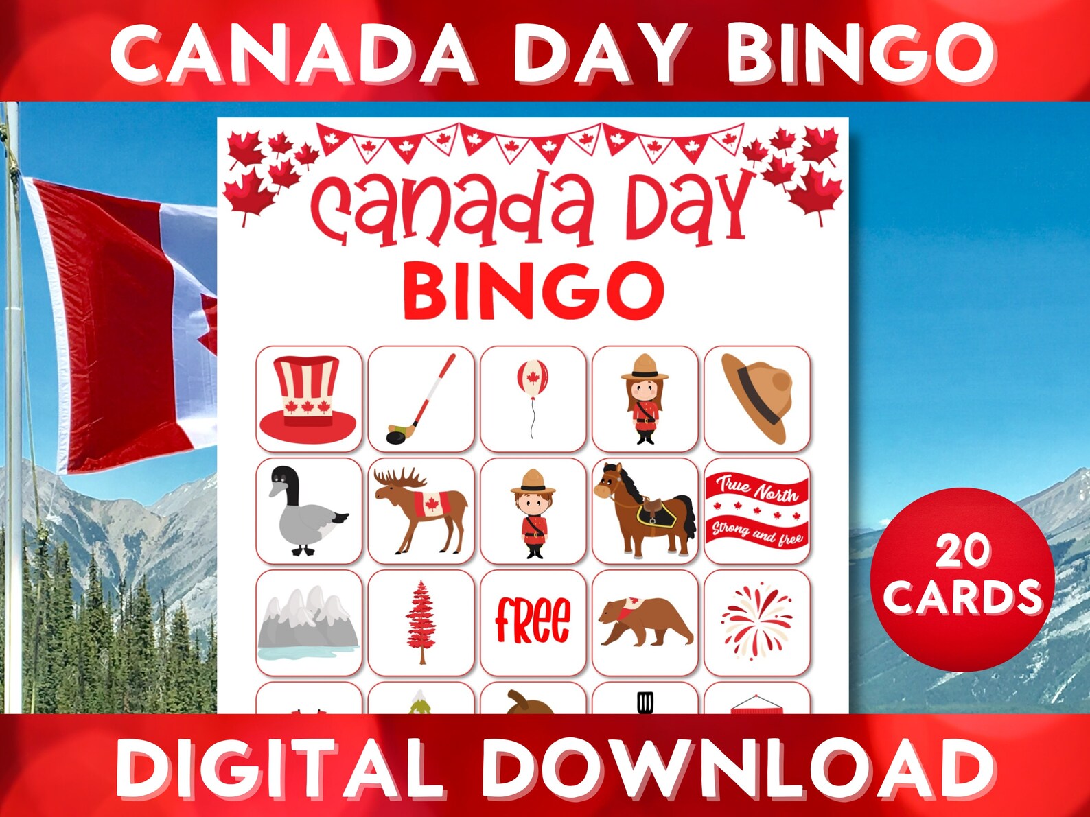 Canada Day Printable Bingo Game 20 Unique Bingo Cards Day - Etsy