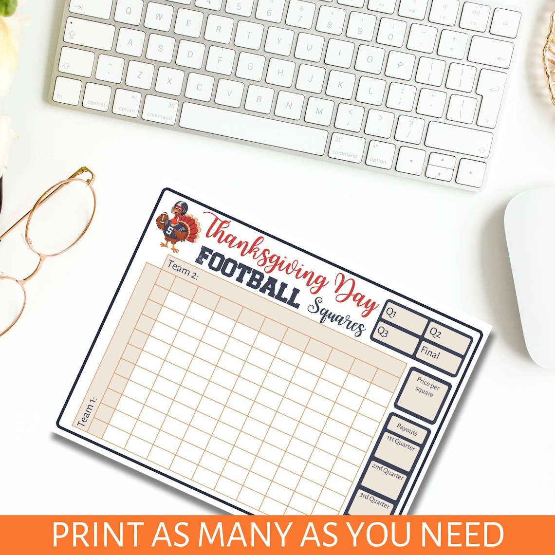 Thanksgiving Day Football Squares, Editable PDF Game, 100 Numbered ...