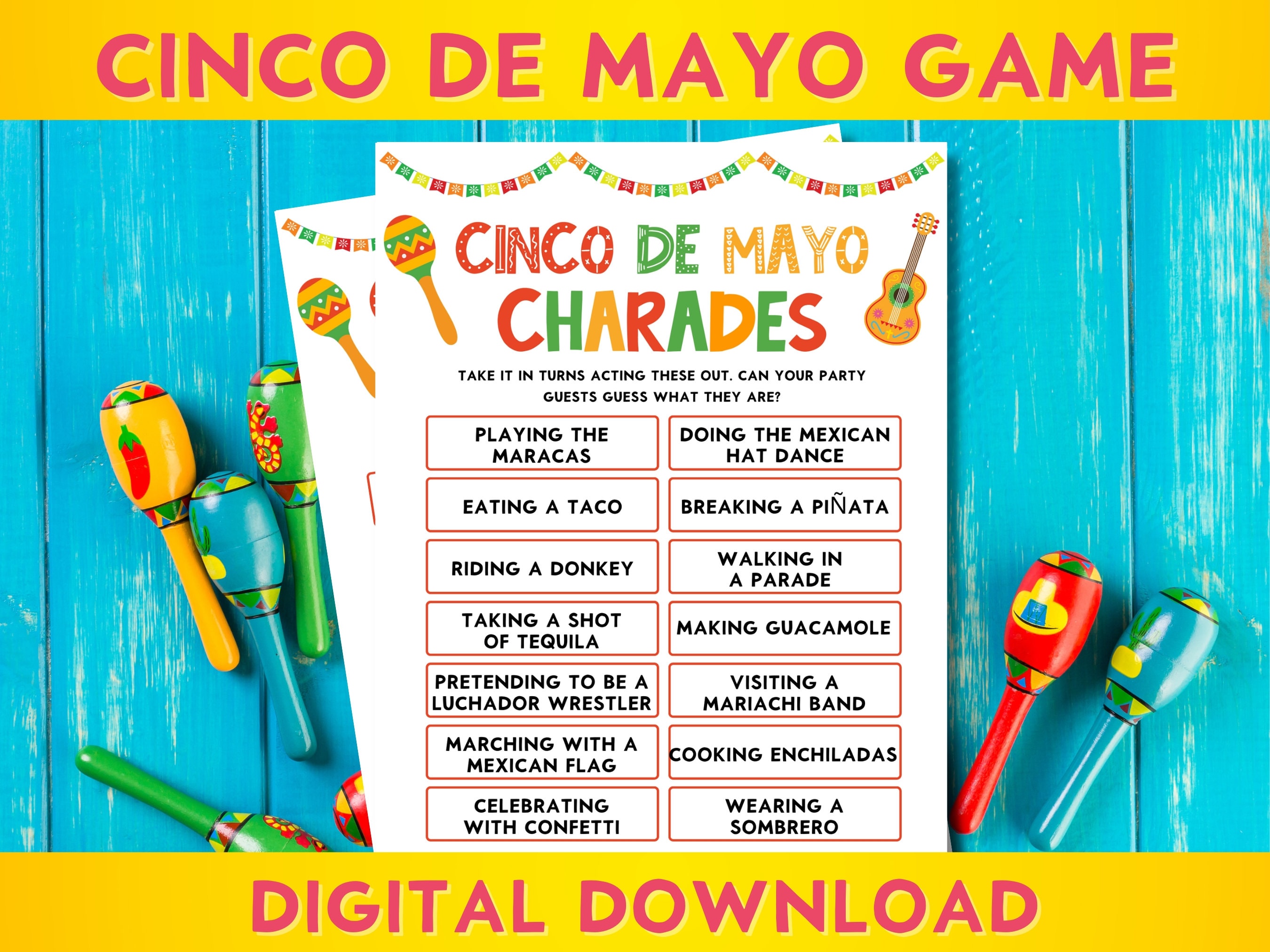 Cinco De Mayo Printable Charades Game, Fiesta Party, Family Game Night ...
