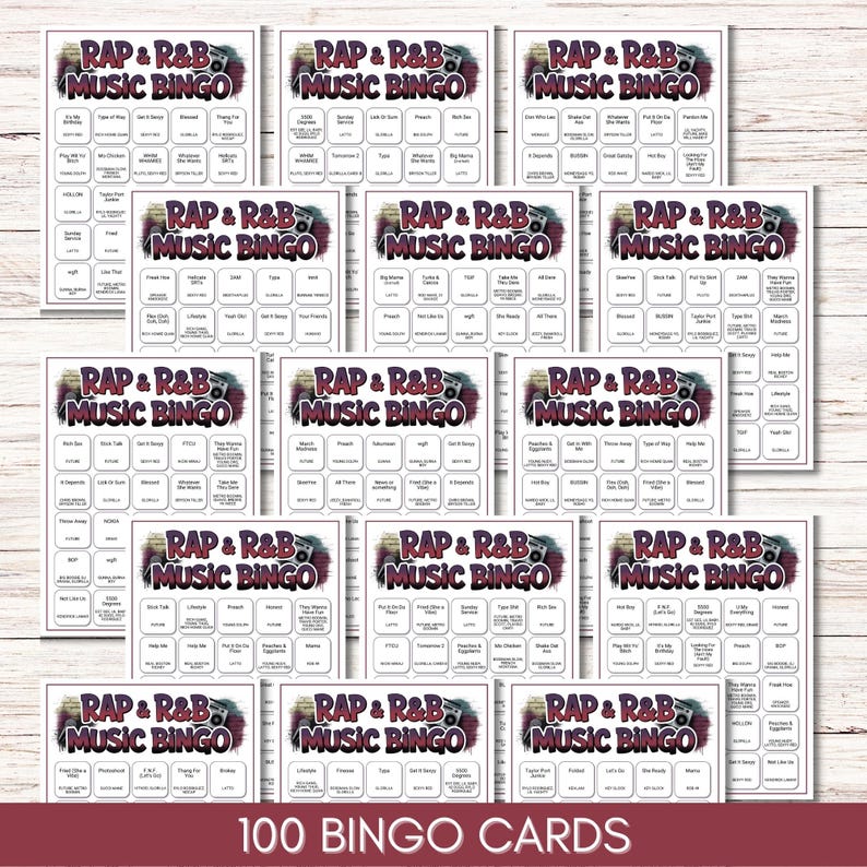 Rap and R&B Music Bingo | 75 Songs, 100 Cards (digital Download) - Etsy