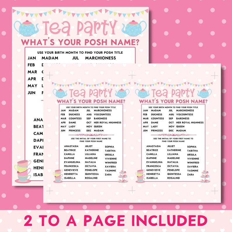 Tea Party Printable What's Your Posh Name Game, Girls Birthday Party ...