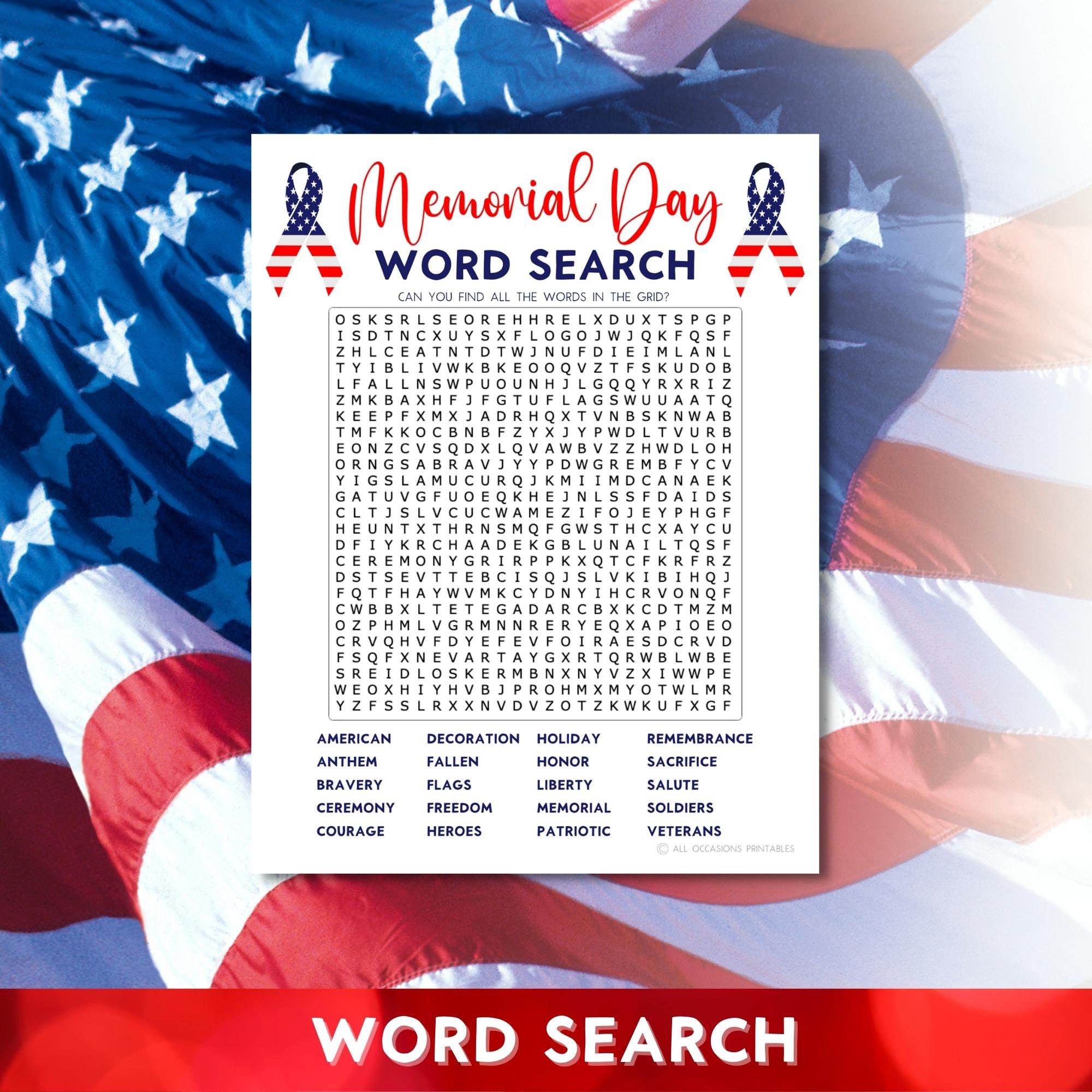 Printable Memorial Day Word Search Family Party Fun - Etsy