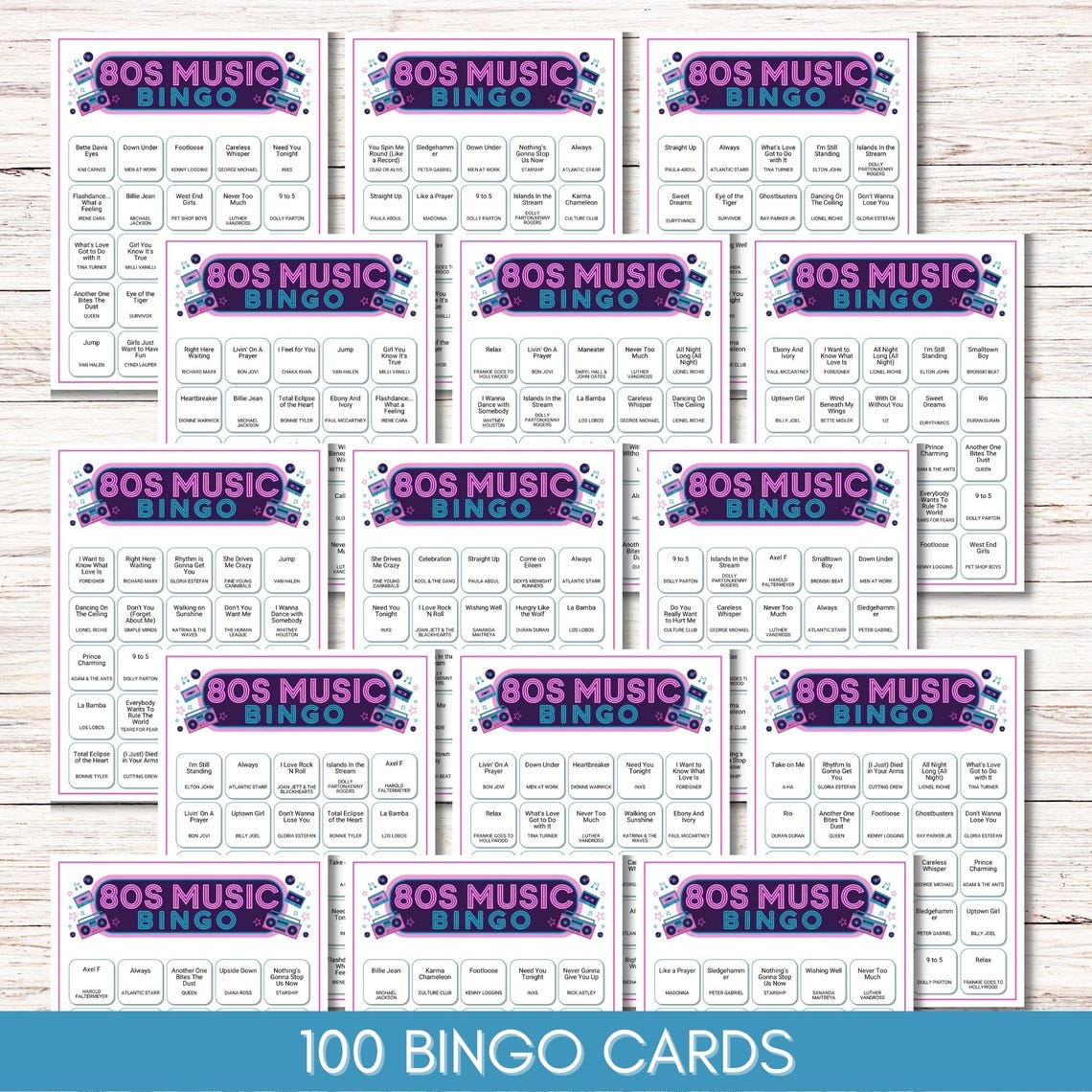 80s Music Bingo, 100 Printable Bingo Cards, Fun Party Game, Digital ...