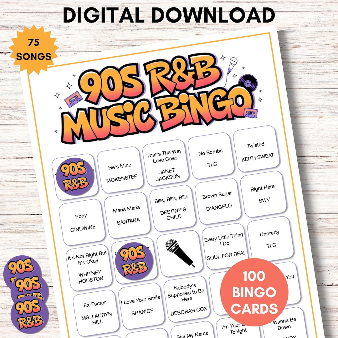 90s R&B Music Bingo, 100 Cards, Throwback Party Game, 75 Songs (instant ...