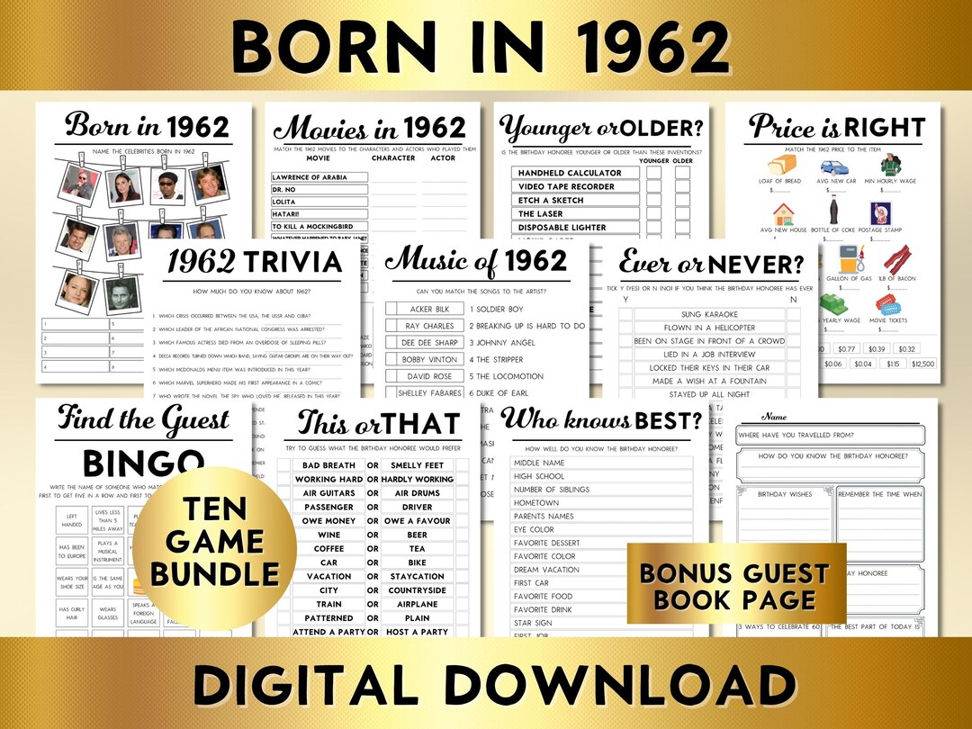 62nd Birthday Party Games, Born in 1962, Printable 10 Game Bundle ...