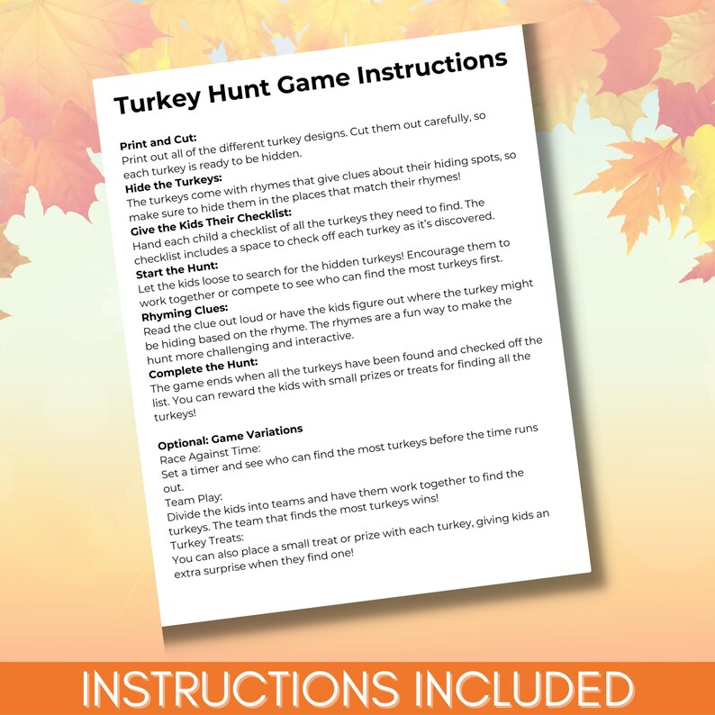 Turkey Hunt Game, Thanksgiving Scavenger Hunt, Kids Thanksgiving ...