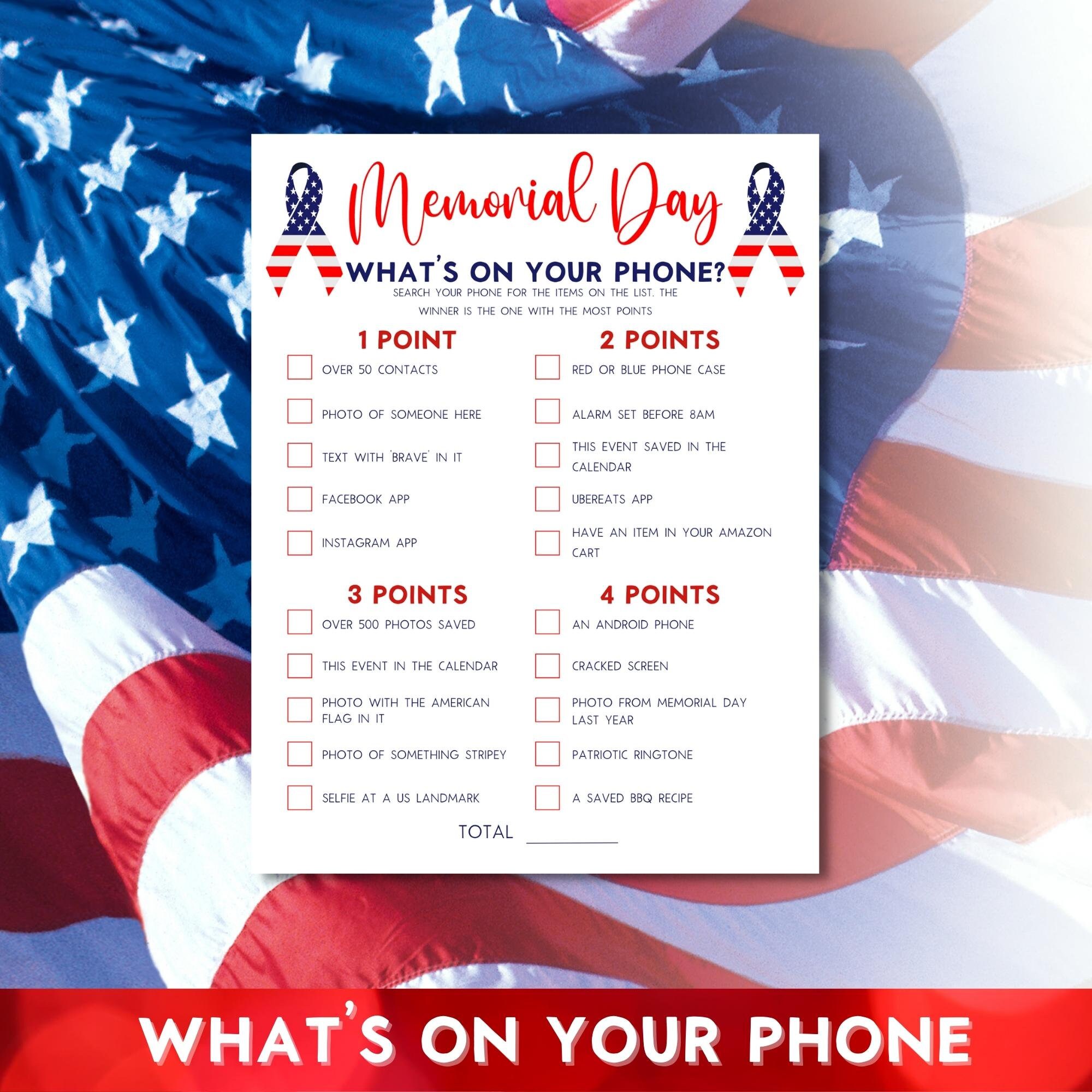 Printable Memorial Day What's on Your Phone Game, Family Party Fun ...