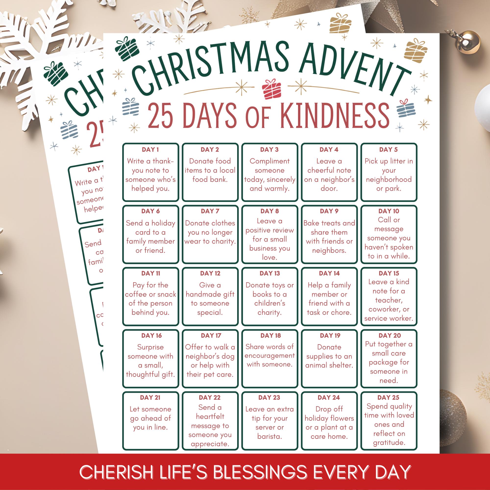 25 Days of Kindness Calendar, Printable Christmas Advent Calendar ...