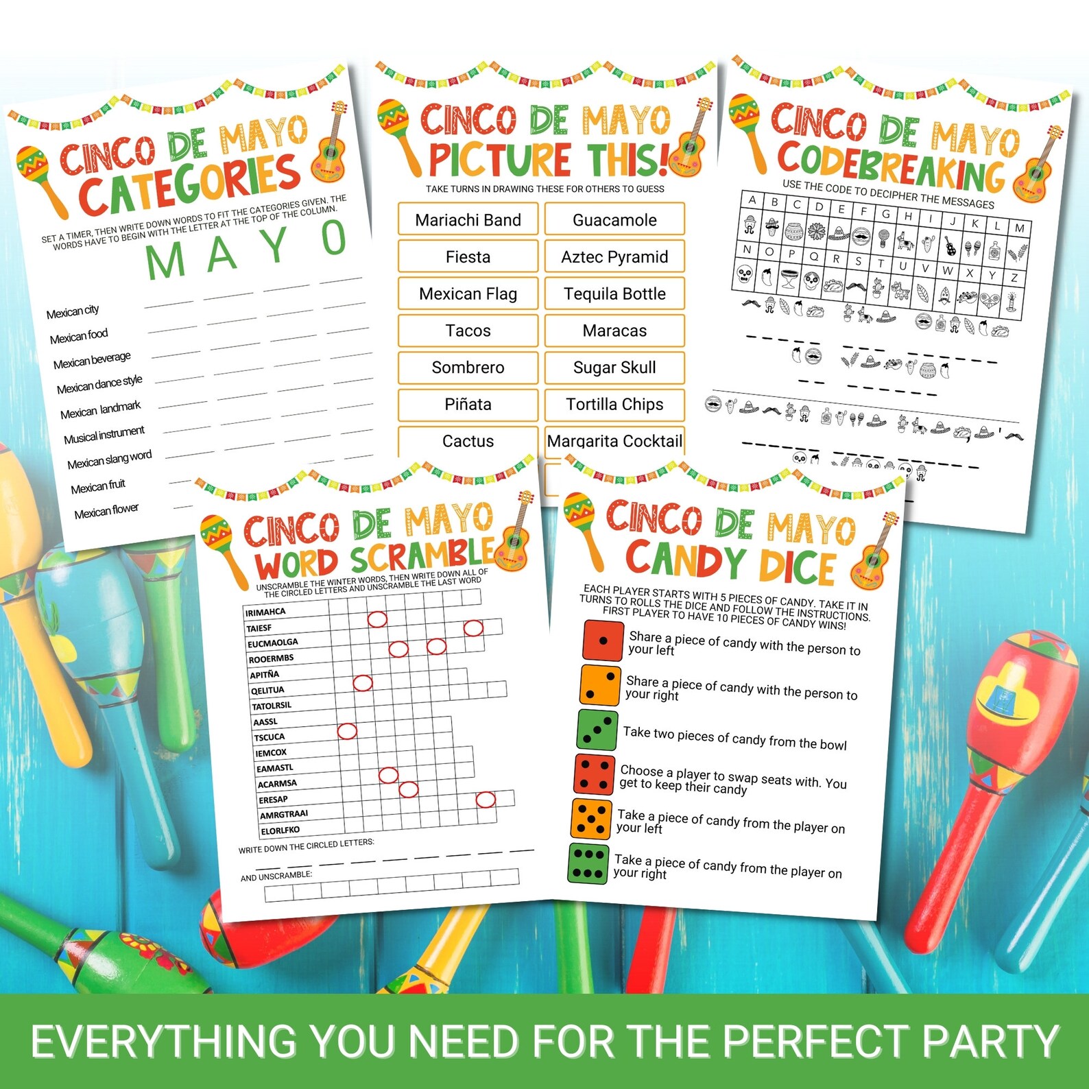 Cinco De Mayo Games Bundle, Fiesta Party, Family Game Night, Mexican ...