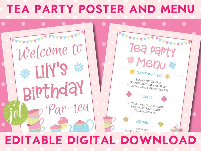 Tea Party Welcome Poster and Menu, Editable Printable, Personalized ...